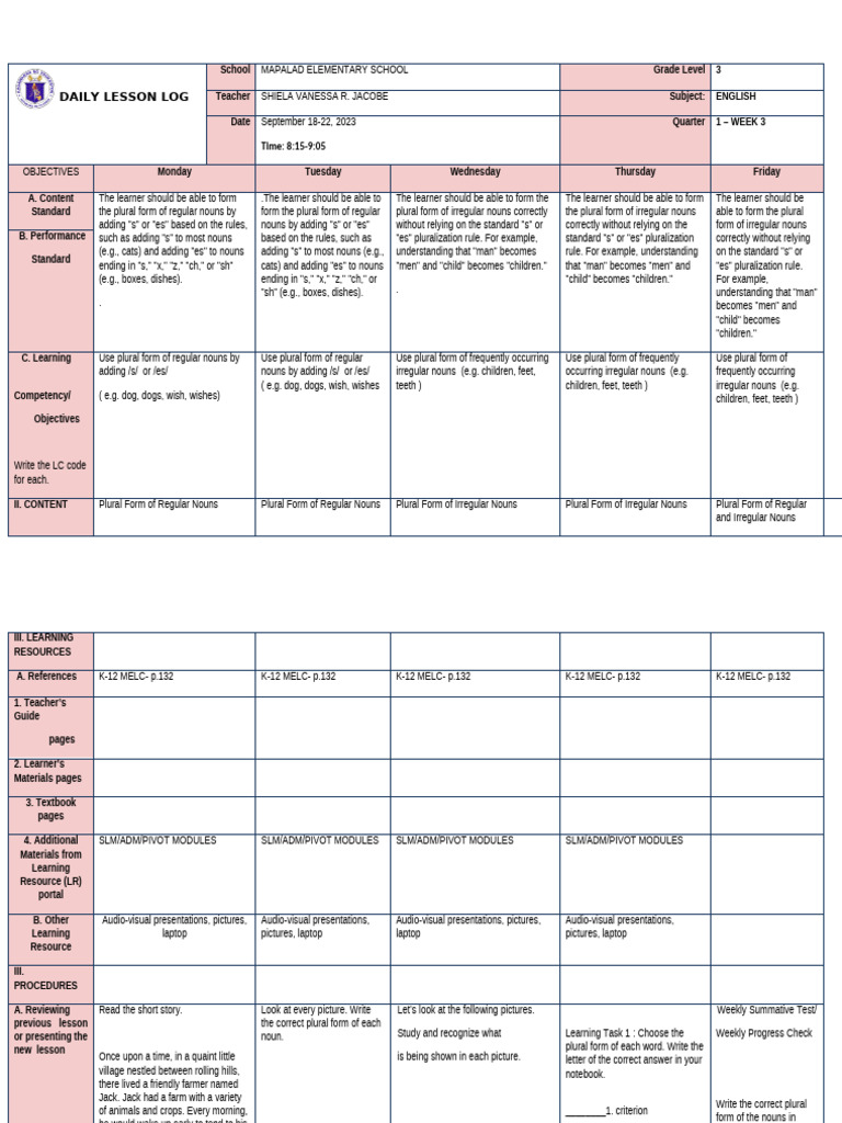 English W4 Daily Lesson Log Pdf Plural Grammatical Number