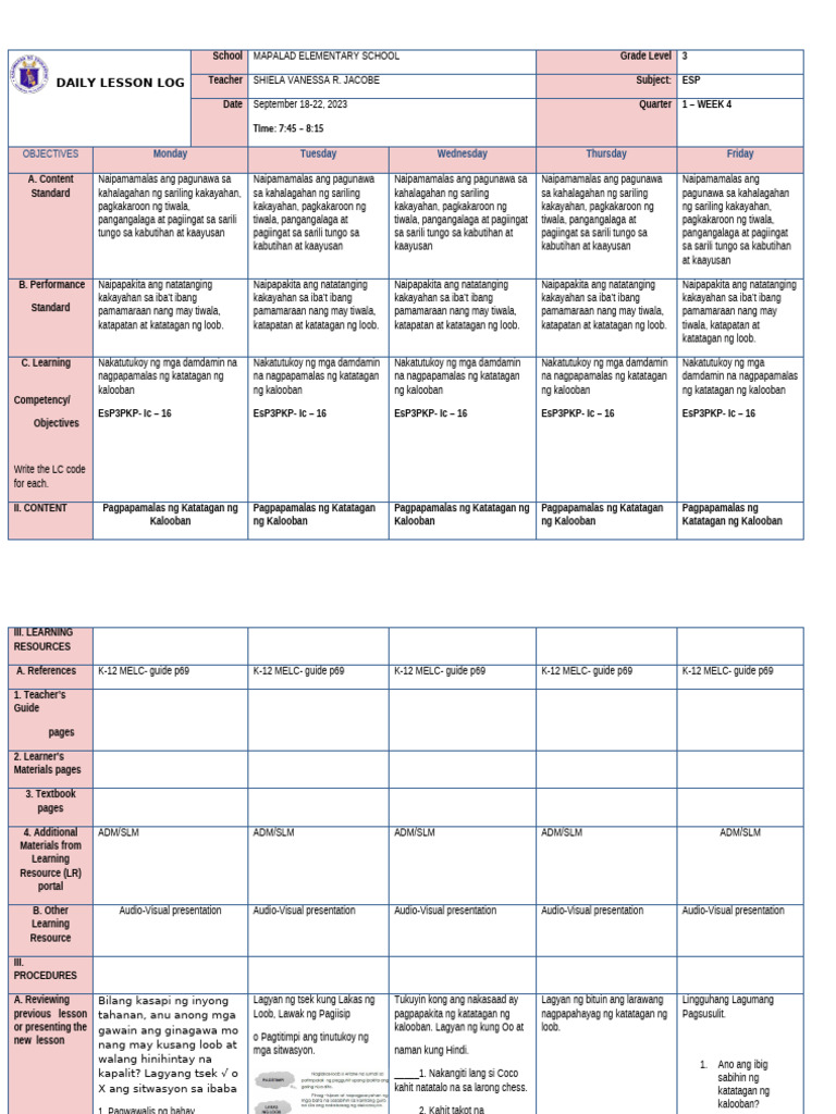 ESP Q1 - W4 Daily Lesson Log | PDF