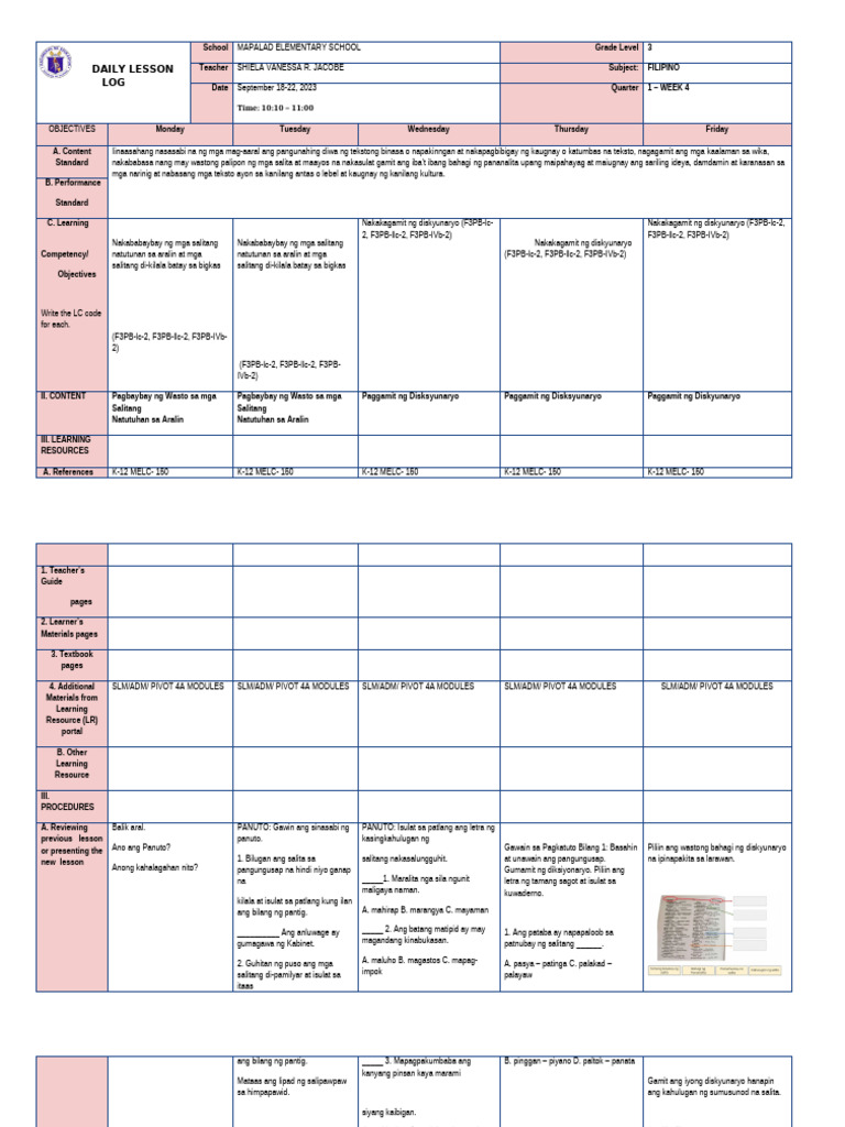 FILIPINO Q1 - W4 Daily Lesson Log | PDF