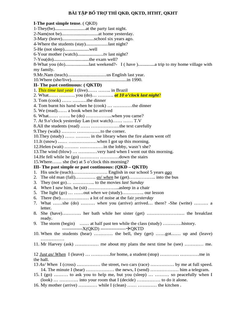 BT Thì QKĐ, QKTD, HTHT, QKHT Gui HS | PDF