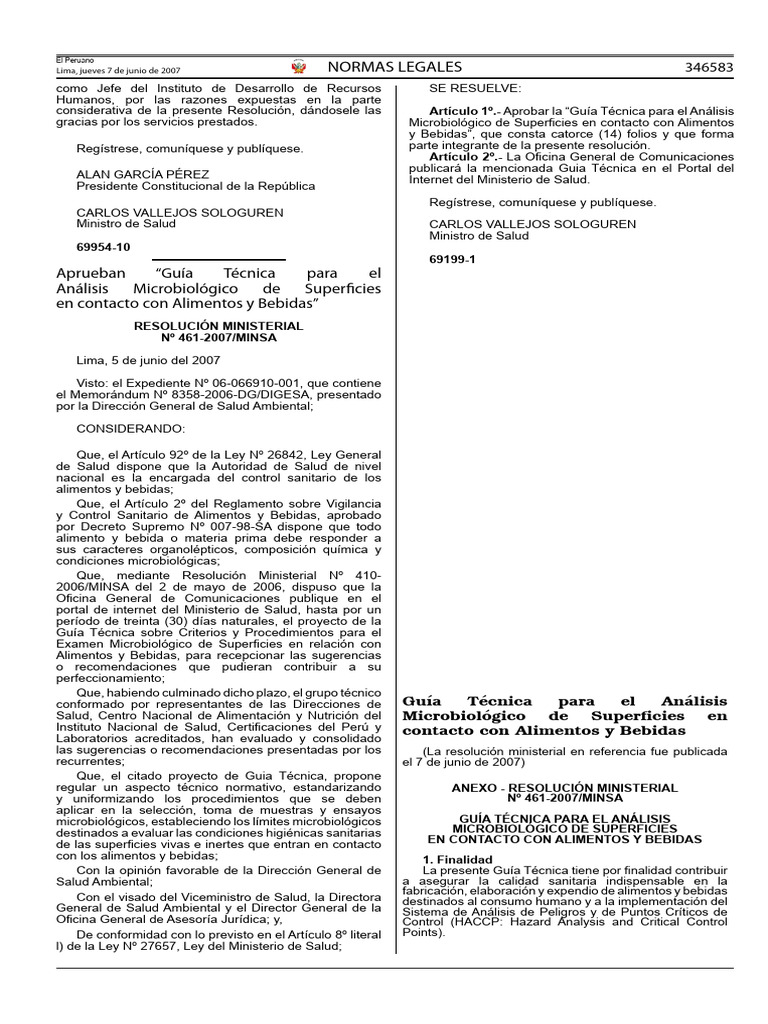 RM #461-2007-MINSA-Superficies en Contacto Con Alimentos | PDF | Alimentos | Análisis de Riesgo ...
