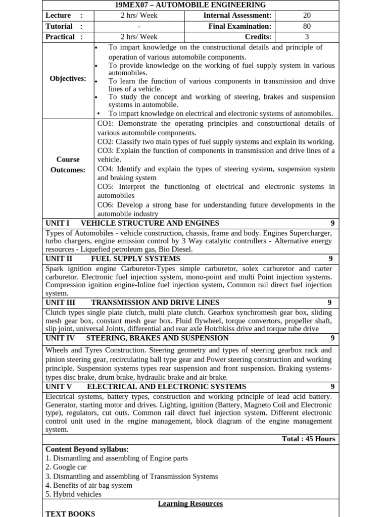 Automobile Detailed Syllabus | PDF | Steering | Brake