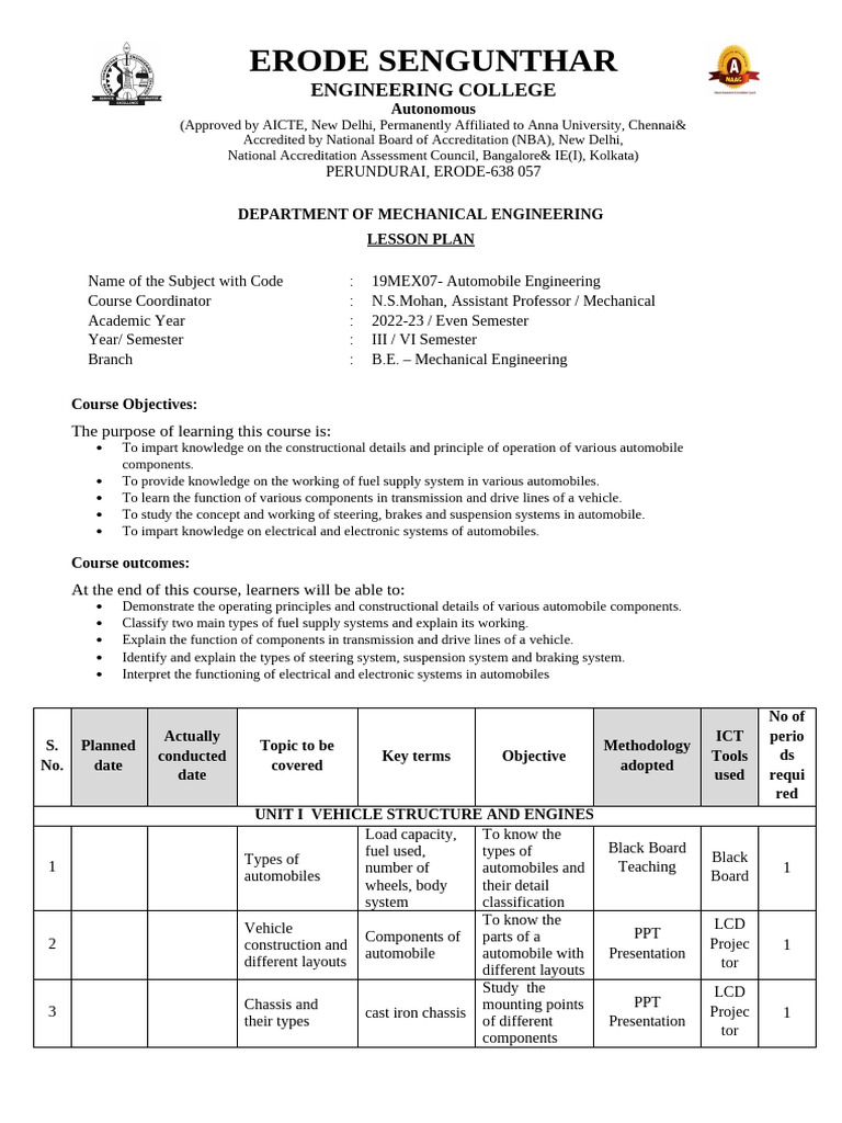 AE Lesson Plan New 21-22 | PDF | Fuel Injection | Carburetor