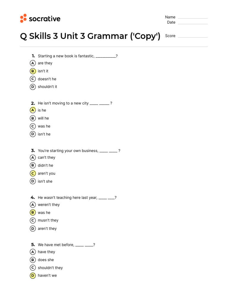 Quiz_Q Skills 3 Unit 3 Grammar Solved | PDF