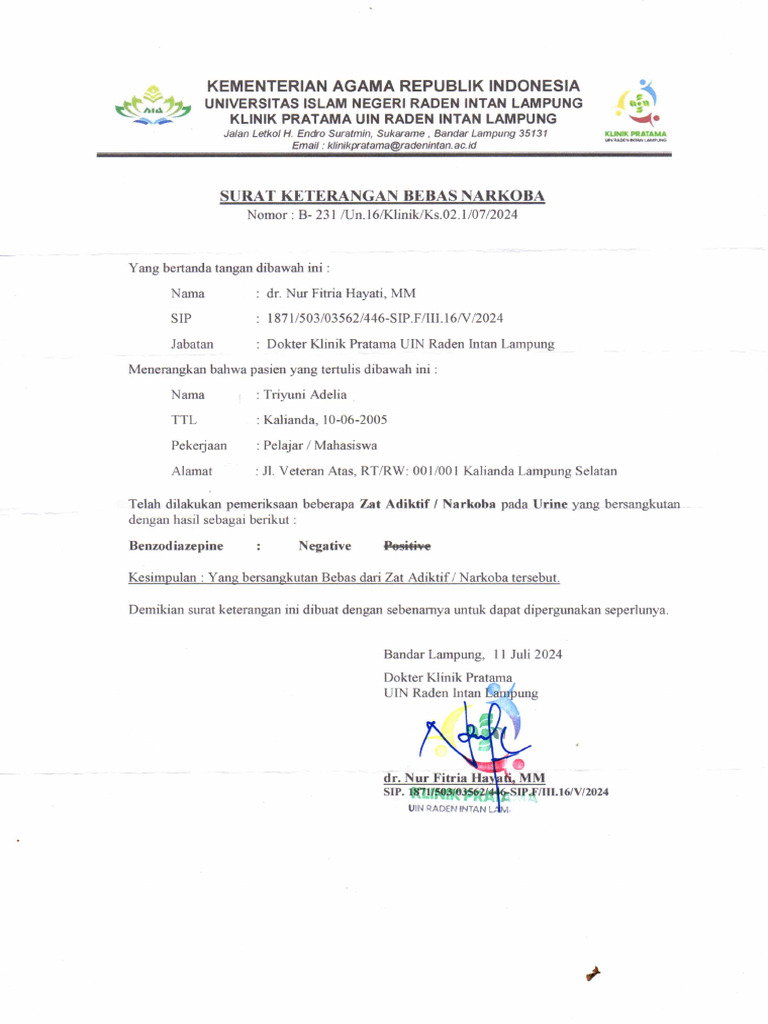 Surat Keterangan Bebas Narkoba | PDF