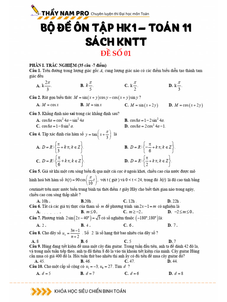 ĐÁP ÁN BỘ ĐỀ ÔN TẬP HK1 - TOÁN 11. SÁCH KNTT | PDF