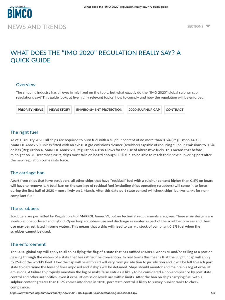 What Does The "IMO 2020" Regulation Really Say - A Quick Guide | PDF