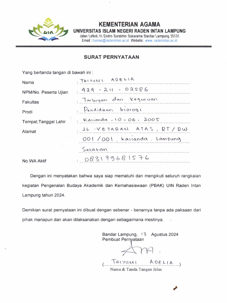 Surat Pernyataan PBAK | PDF