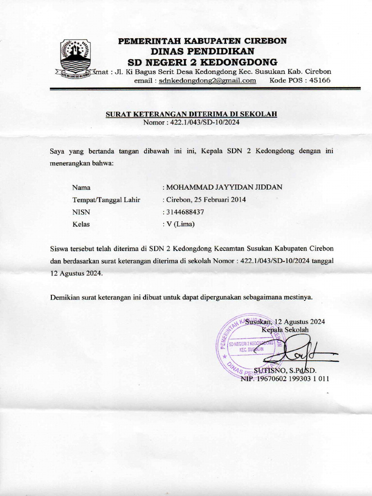 Surat Diterima Di Sekolah | PDF