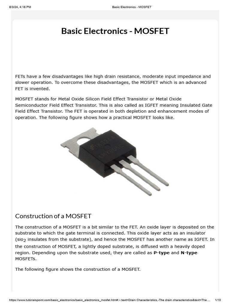 Basic Electronics - MOSFET | PDF | Field Effect Transistor | Mosfet