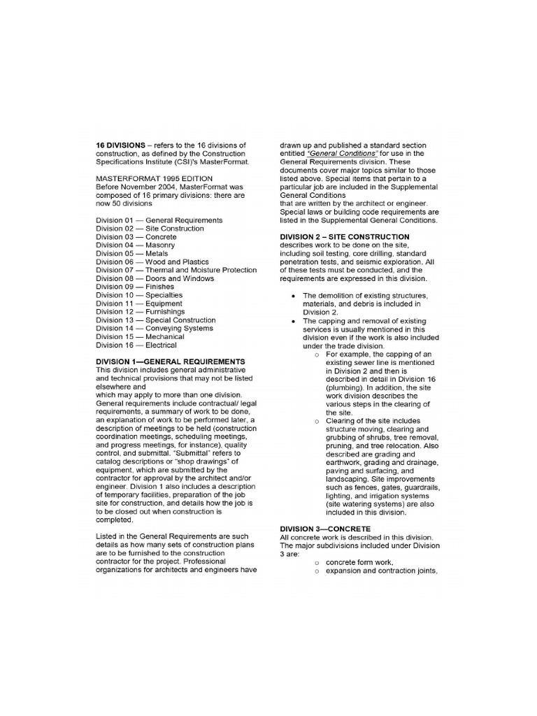 16 Divisions of Construction | PDF