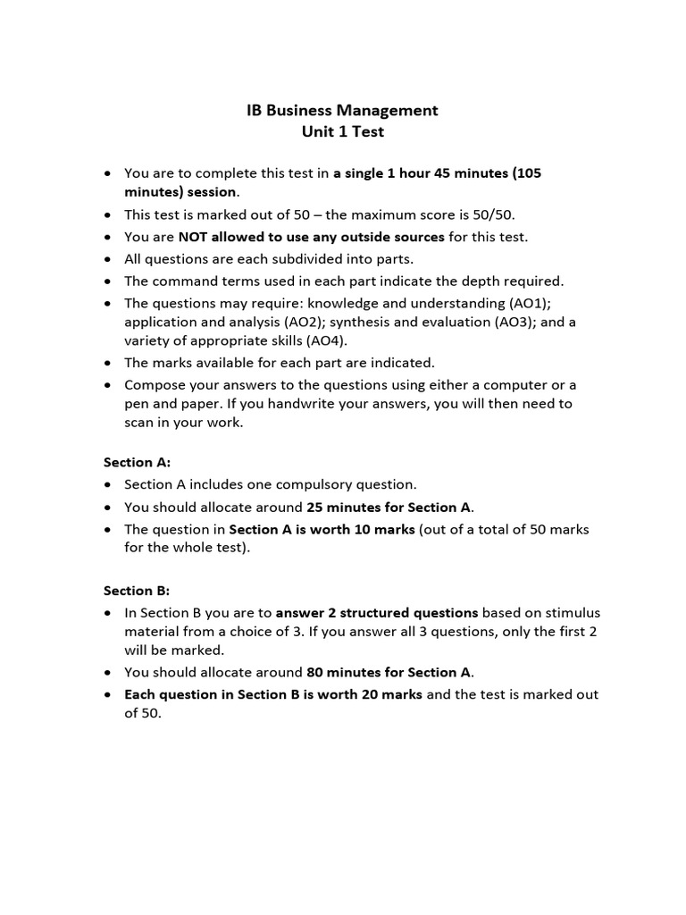 IB Business Management Test | PDF | Retail | Brand