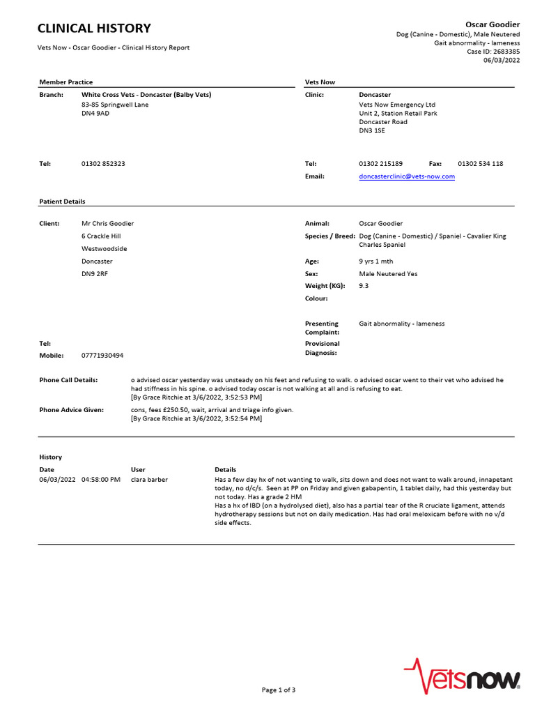 Vets Now - Oscar Goodier - Clinical History Report | PDF | Diseases And ...