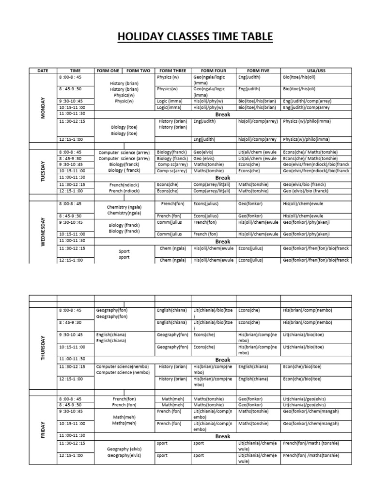 Holiday Time Table 2024 2 | PDF | Science | Observation