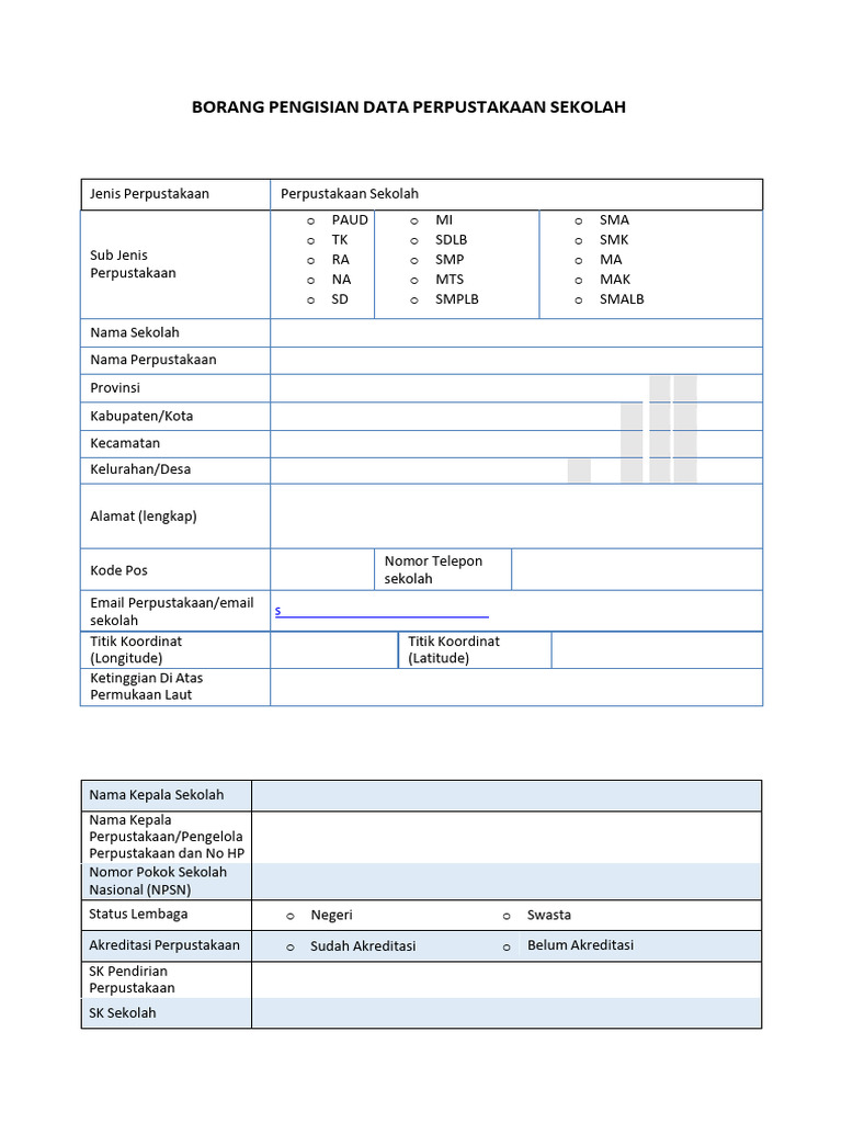 FORMULIR PENGISIAN DATA PERPUSTAKAAN SEKOLAH SDN 22 MT | PDF