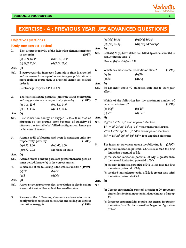 Jee Advanced Chemistry Classification of Elements and Periodicity in Properties Practice Papers ...