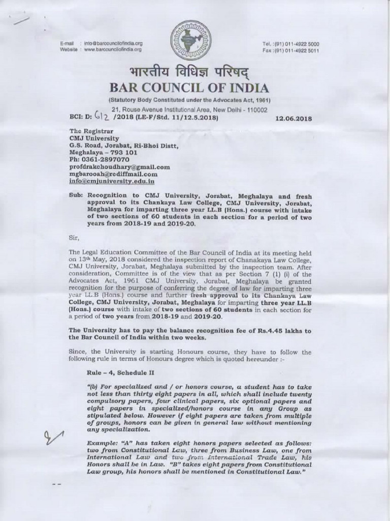 Bar Council of India CMJ University | PDF