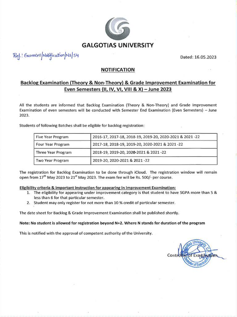 Notification - Backlog Examination (Theory & Non-Theory) and Grade ...