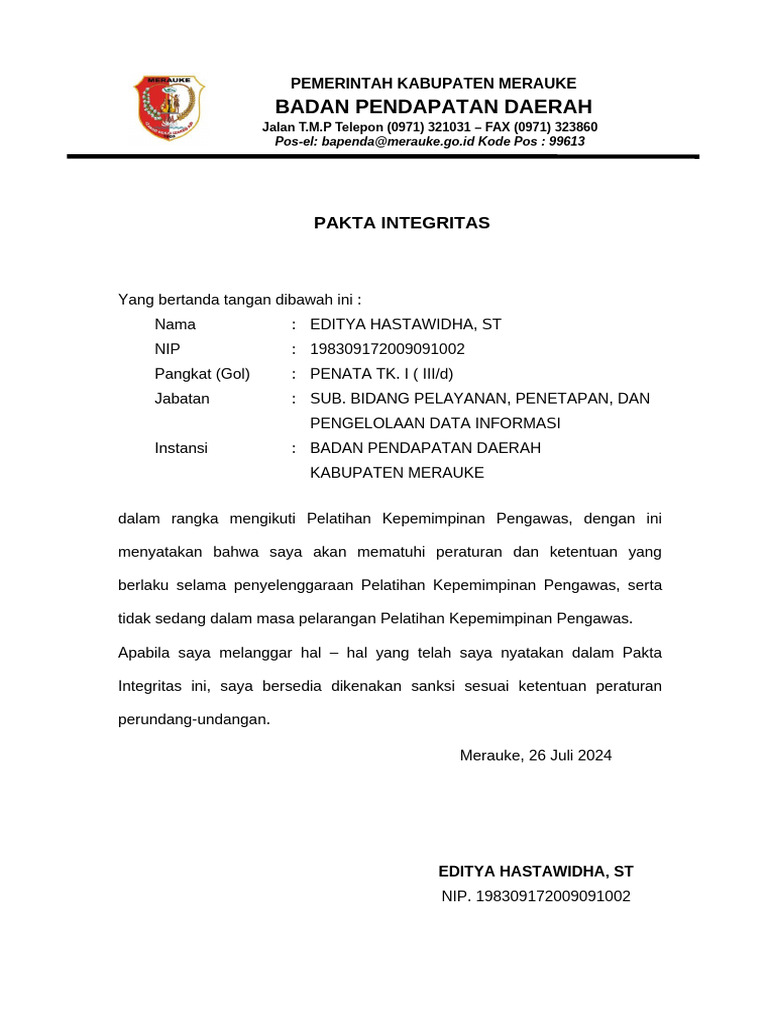 Form Pakta Integritas PKP | PDF