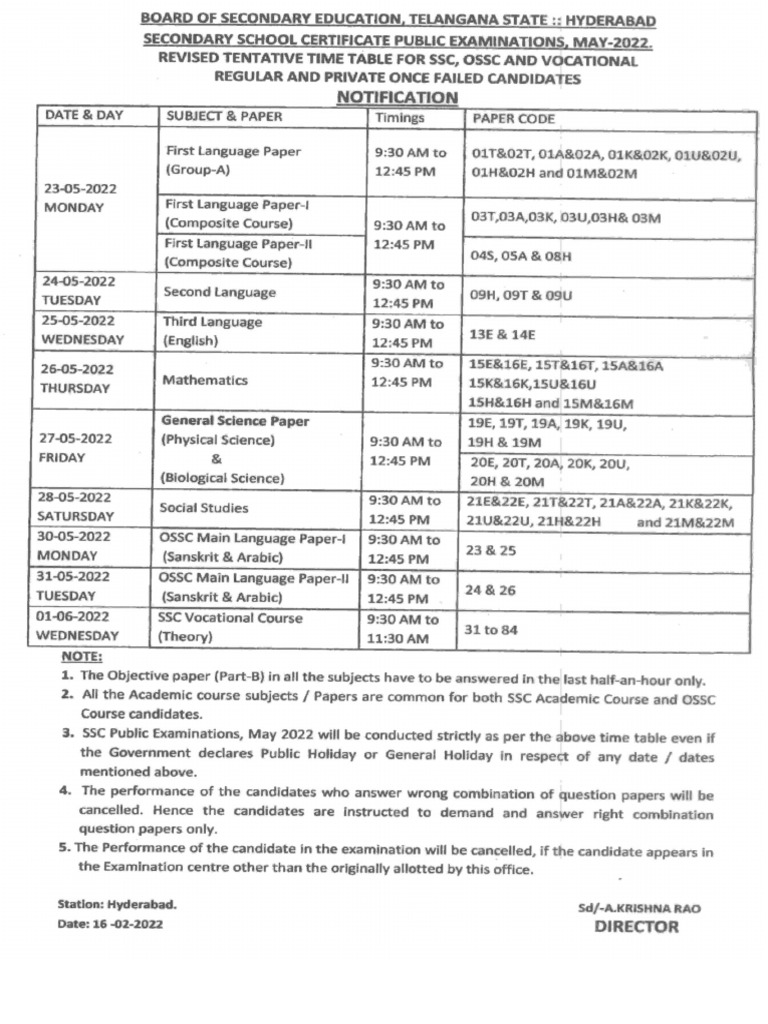 Ts SSC Time Table 2022 New | PDF
