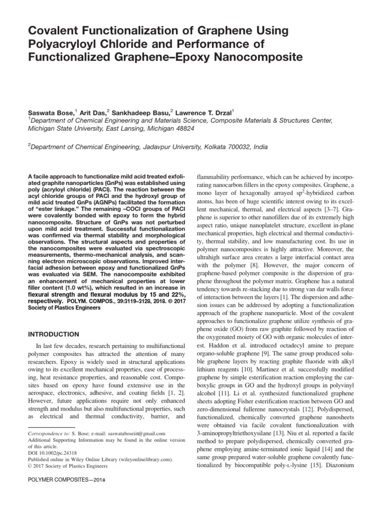 Covalent Functionalization Of Graphene Using Polyacryloyl Chloride And Performance Of Pdf