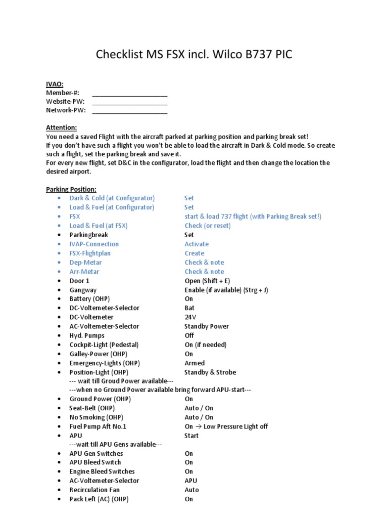 Checklist B737 Wilco | PDF | Aerospace | Aeronautics