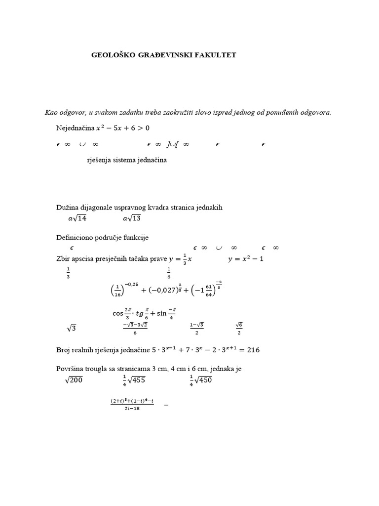 RGGF Testovi Za Prijemni 2022 23 | PDF