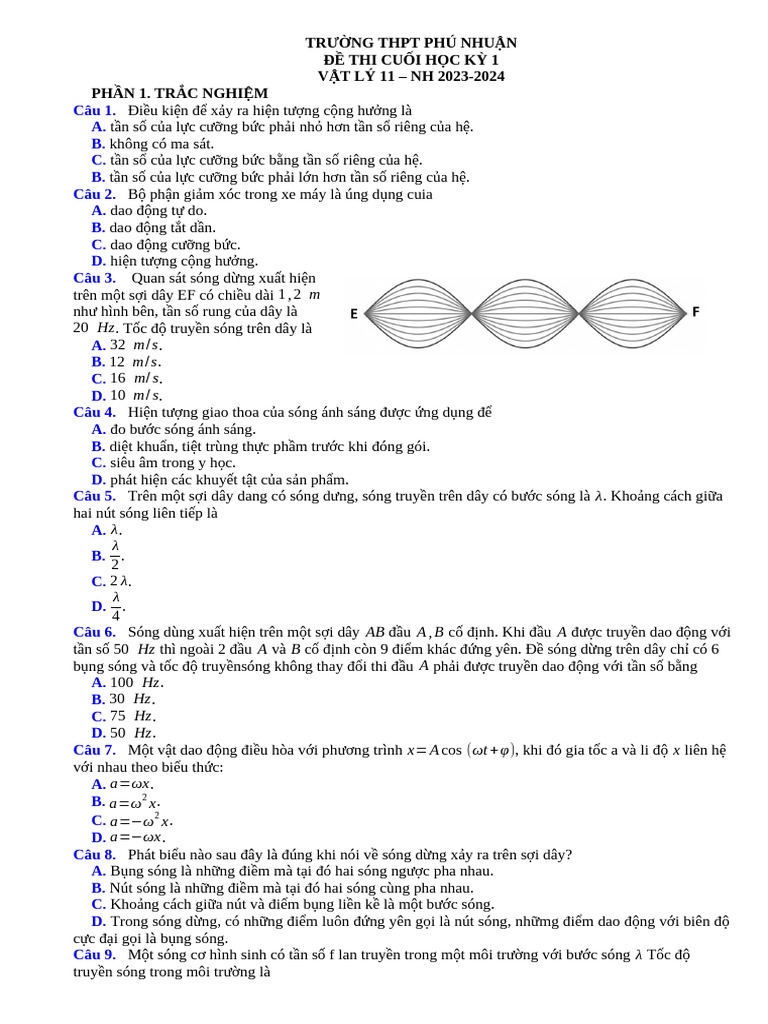 (CHK1) TRÆ Á NG THPT PHÃ NHUáº N - Lá P 11 - 2023-2024 | PDF