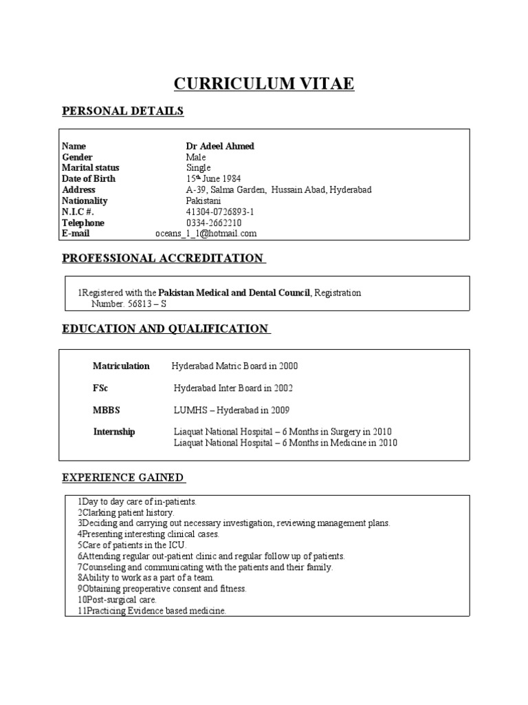 Dr. Adeel Ahmed's CV Summary | PDF | Wellness | Science & Mathematics