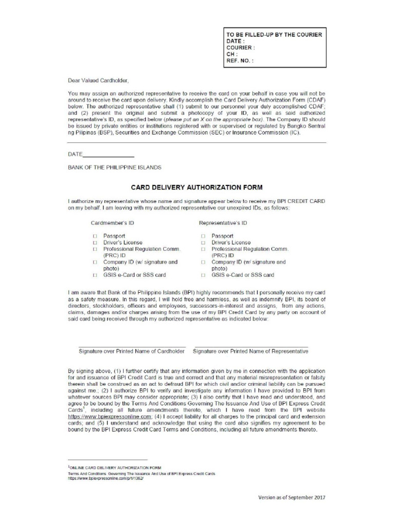 Bpi Credit Card Delivery Authorization Form | PDF