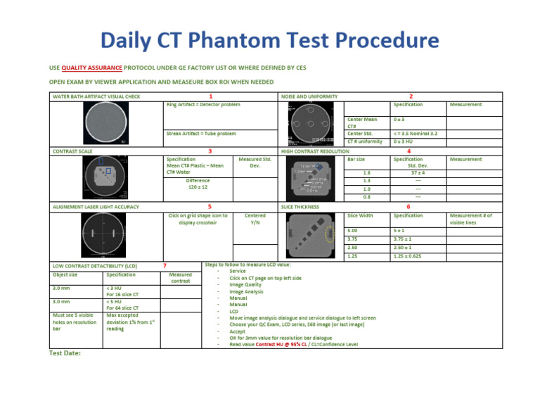 Daily CT Phantom Test Protocol | PDF