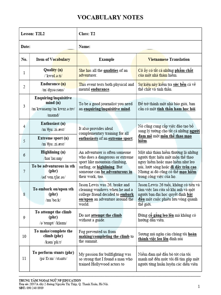 T2L2 - Vocabulary Notes | PDF