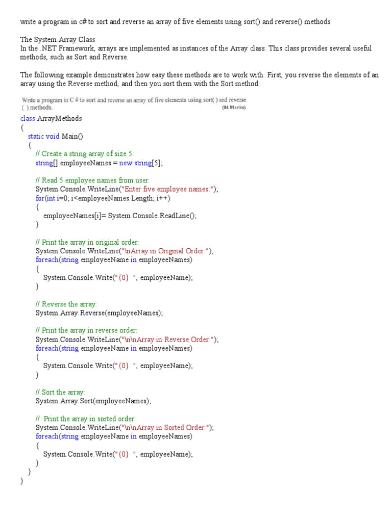C# Array Sort and Reverse Example | PDF | Teaching Methods & Materials | Technology & Engineering