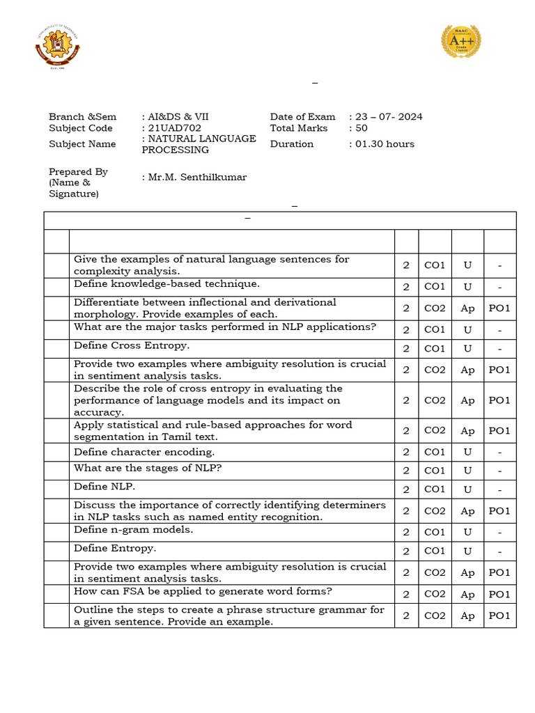 IAT1 - Question Bank | PDF | Morphology (Linguistics) | Phrase
