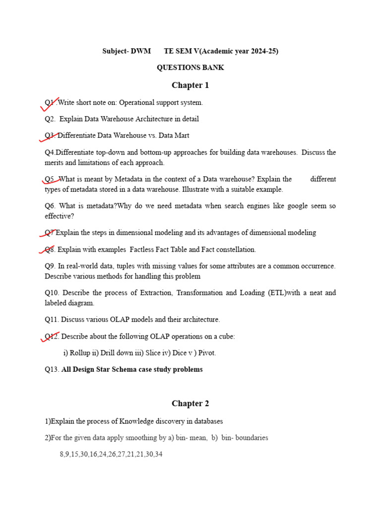 DWM Question Bank2024 (Unit1,2) | PDF | Data Warehouse | Cluster Analysis