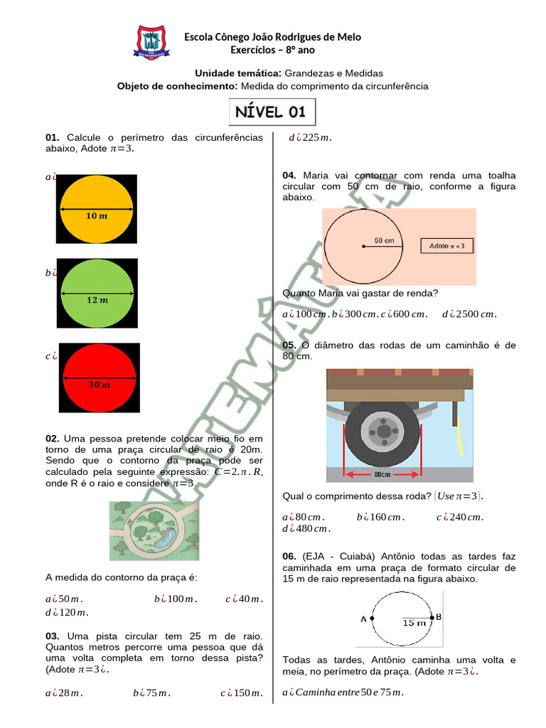 8º Ano - Comprimento Da Circunferência e Área Do Círculo | PDF | Metro | Pi