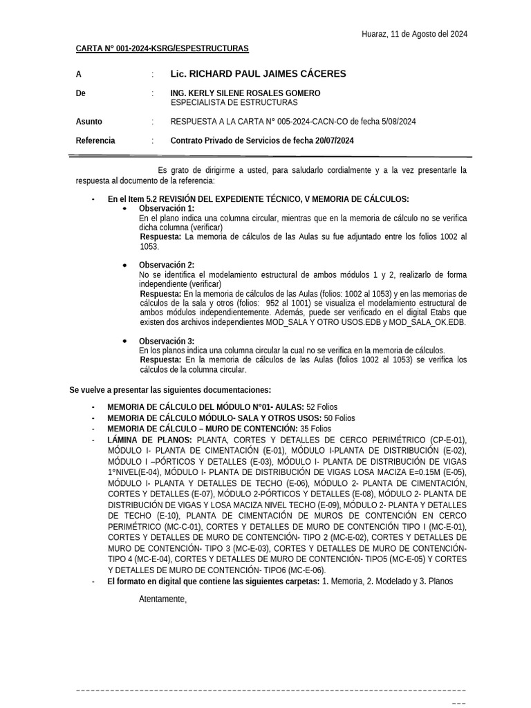 Carta N 001 2024 Esp Estructuras | PDF | Tecnología