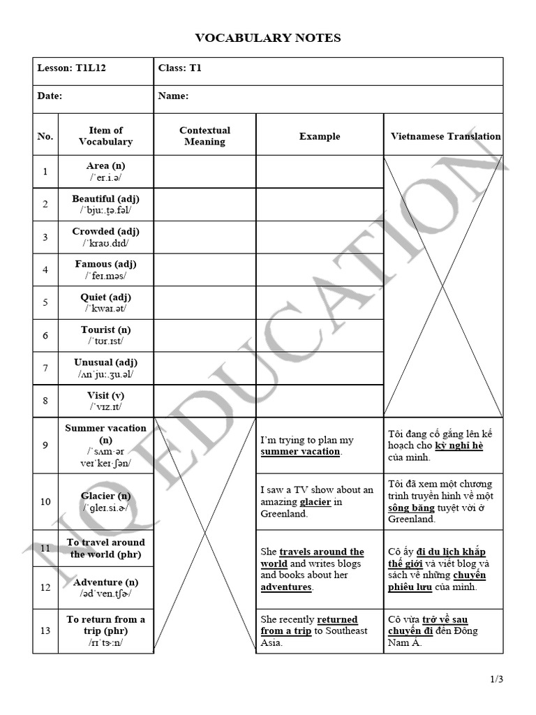 t1l12 Vocabulary Notes - Cũ | PDF