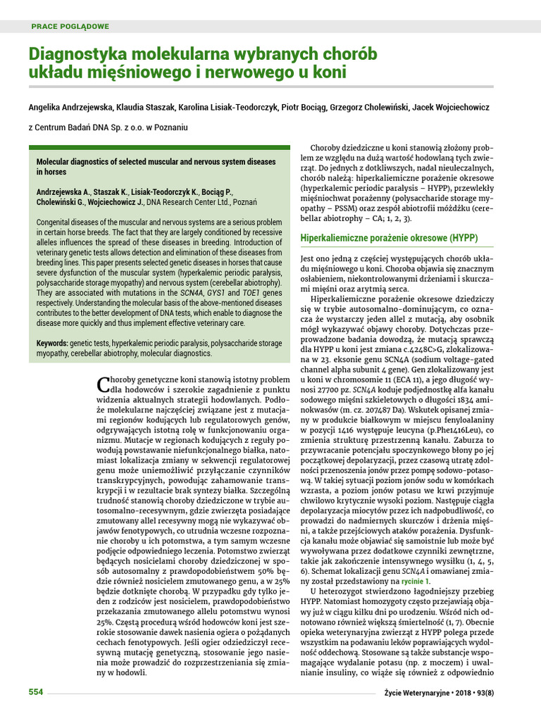 Diagnostyka Molekularna Wybranych Chorób Układu Mięśniowego I Nerwowego U Koni | PDF