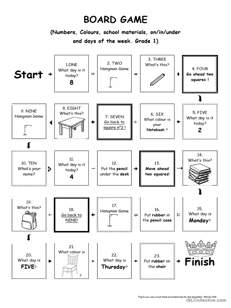 Board Game Grade 1 - Colours, Numbers, School Material, Etc. | PDF ...