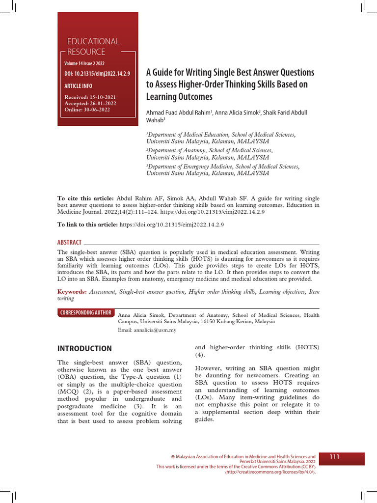 Writing SBA Questions for Medical Education | PDF | Clinical Medicine