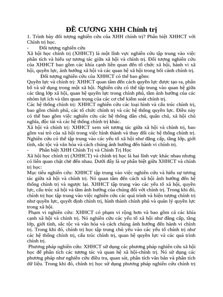 ĐỀ CƯƠNG XHH Chính trị | PDF