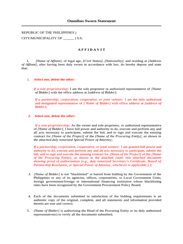 Omnibus Sworn Statement | PDF | Affidavit | Sole Proprietorship