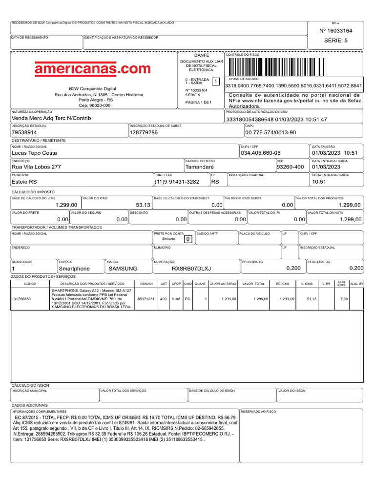 Nota Celular Americanas-1 | PDF | Recibo | Business