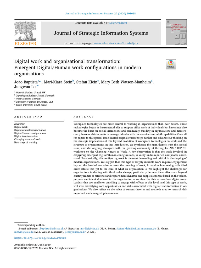 Art 2 Digital Work and Organisational Transformation - Emergent Digital:Human Work ...