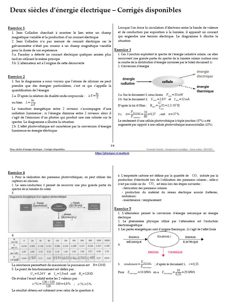 Deux Siècles D Energie Electrique Exercices D Entrainement Corrige Pdf
