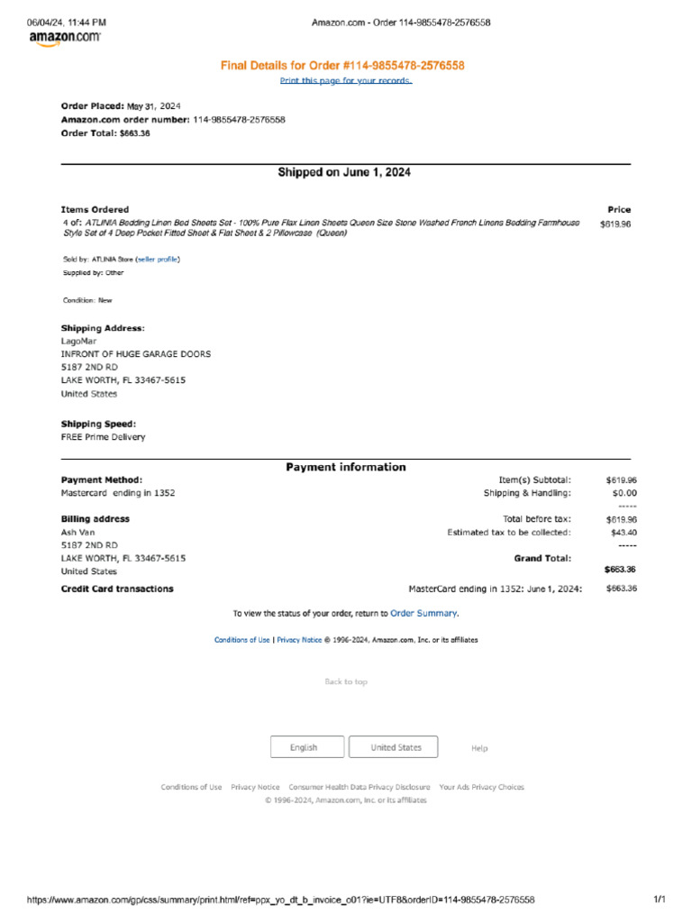 Bed Sheets Receipt | PDF