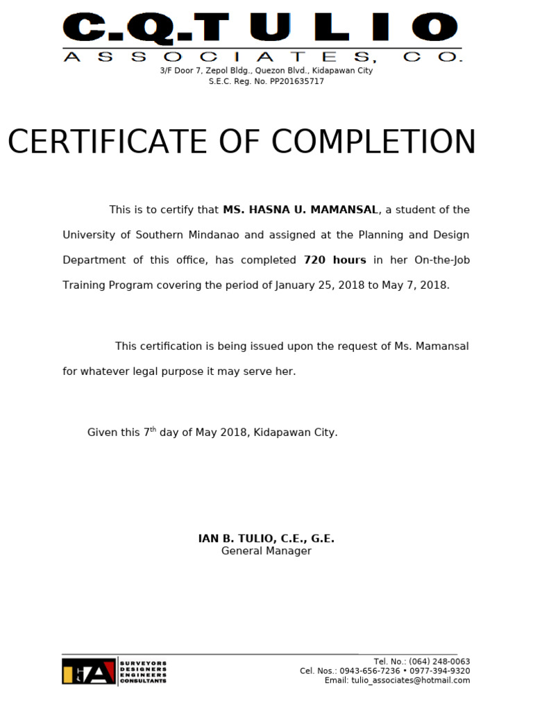 Ojt Certificate | PDF