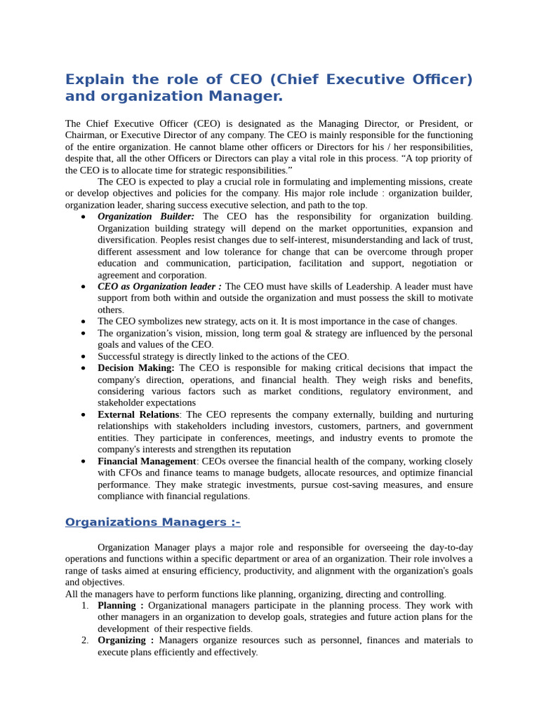 Explain The Role of CEO (Chief Executive Officer) and Organization ...