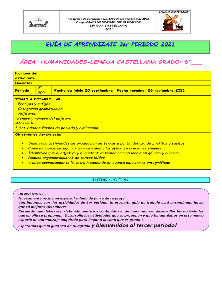 Guía Lenguaje Grado 6° III Periodo 20201 | PDF